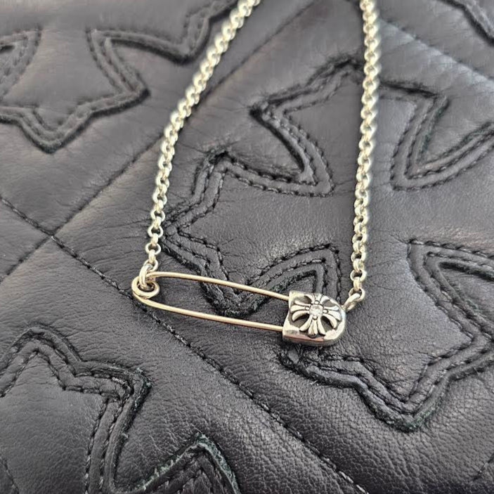 CHROME HEARTS Safety Pin 1 Diamond Roll Chain Necklace Pendant Top クロム ...