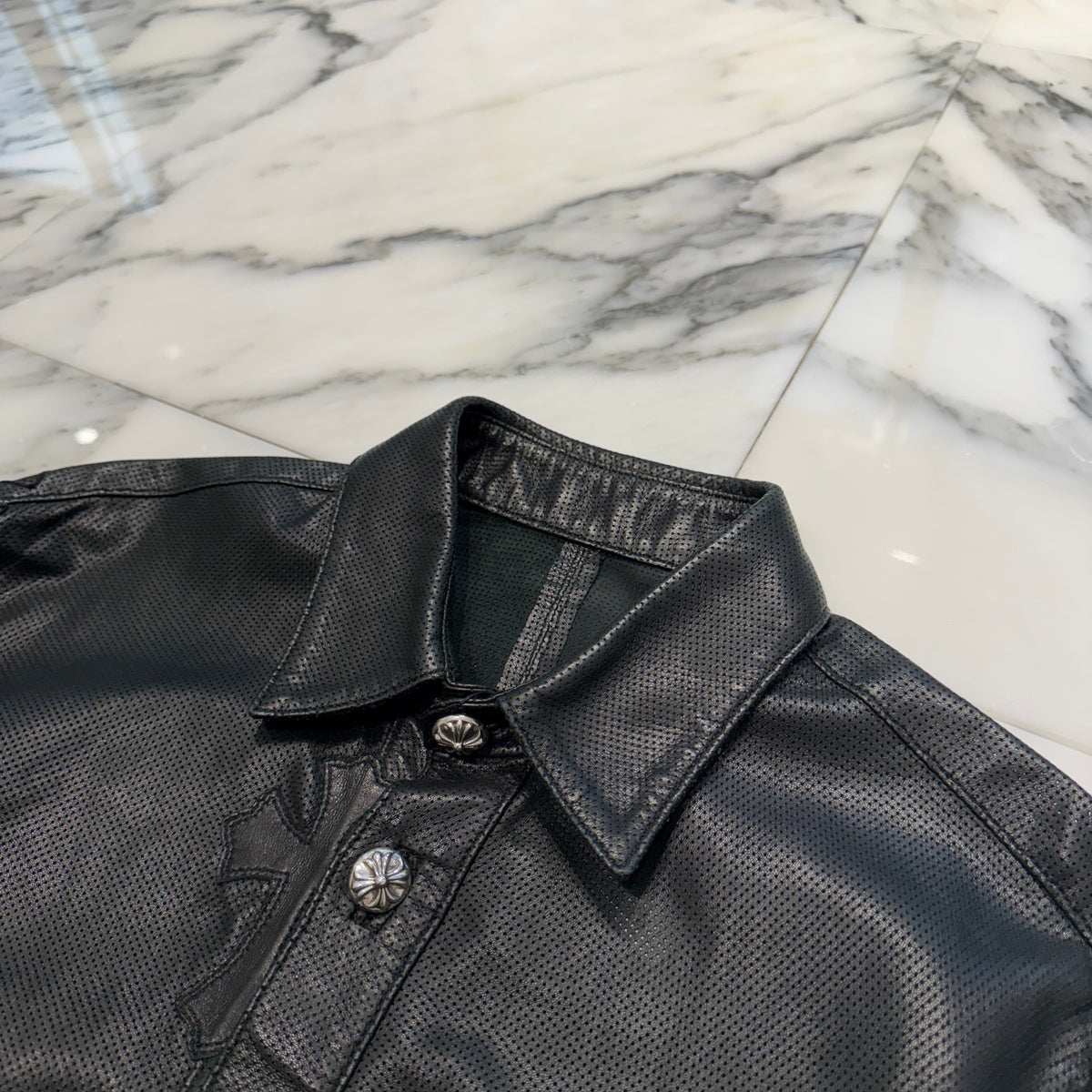 CHROME HEARTS Leather Cross Patch Cross Ball Button Leather Shirt Size ...